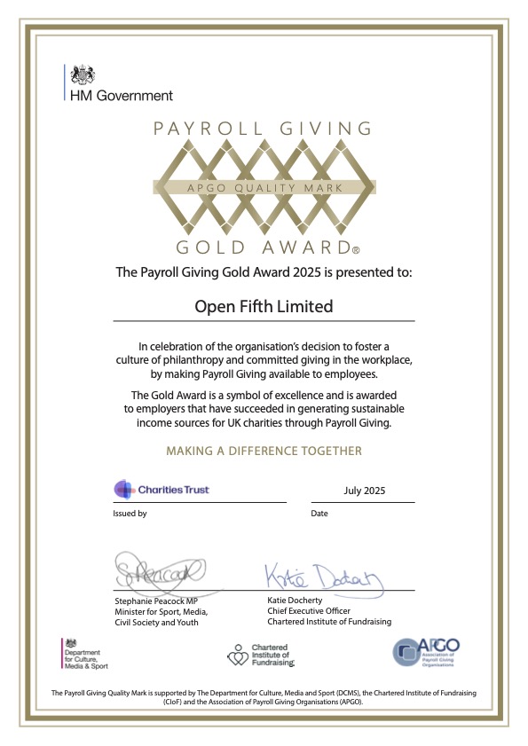 Open Fifth team recognised for Payroll Giving